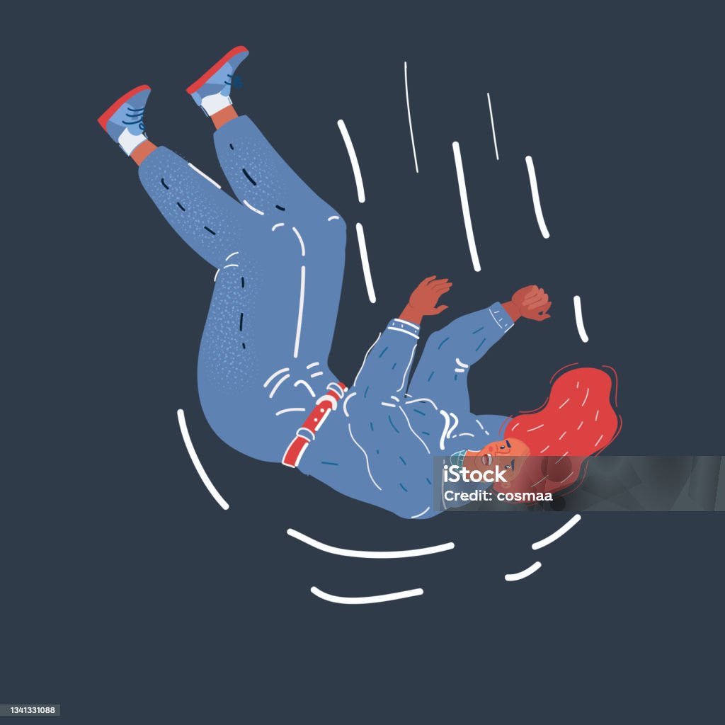 Vector Illustration Of Scared Woman Falling Down On Dark Background