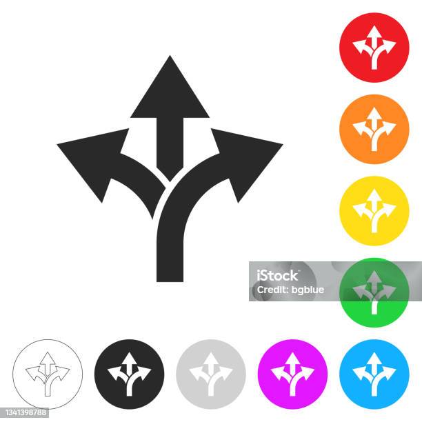 Three Way Direction Arrow Flat Icons On Buttons In Different Colors