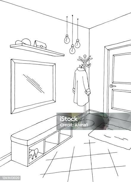 Lorong Ruang Grafis Hitam Putih Interior Grafis Ilustrasi Sketsa Vektor
