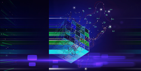 Abstract Background With Dashed Lines Connecting Dots Of Poly Cube And Blurred Lines Analytics