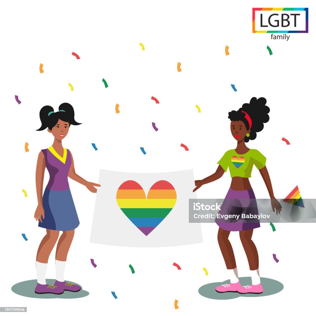 Keluarga Lgbt Dua Gadis Memegang Bendera Pelangi Di Parade Vector ... Keluarga Lgbt Dua Gadis Memegang Bendera Pelangi Di Parade Vector ...