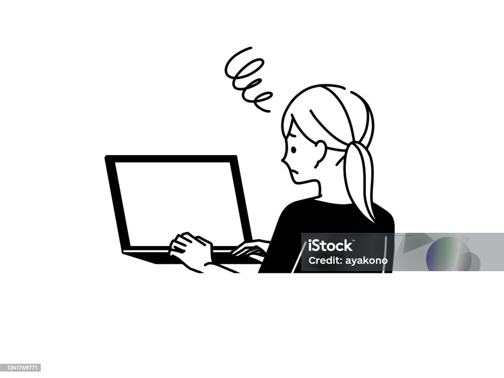 Seorang Wanita Dalam Kesulitan Saat Menggunakan Laptop Ilustrasi Stok ... Seorang Wanita Dalam Kesulitan Saat Menggunakan Laptop Ilustrasi Stok ...