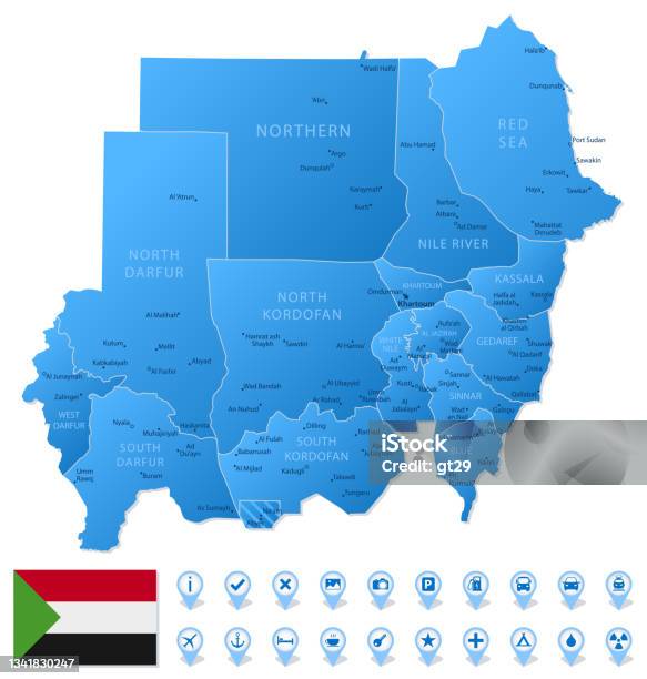 Carte Bleue Des Divisions Administratives Du Soudan Avec Des Icônes