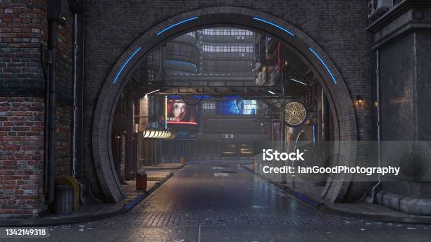 Ilustrasi 3d Konsep Cyberpunk Dari Jalan Kota Futuristik Kumuh Basah