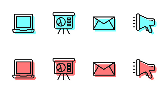 Atur Garis Mail Dan Email Laptop Papan Dengan Grafik Dan Ikon Megaphone ... Atur Garis Mail Dan Email Laptop Papan Dengan Grafik Dan Ikon Megaphone ...