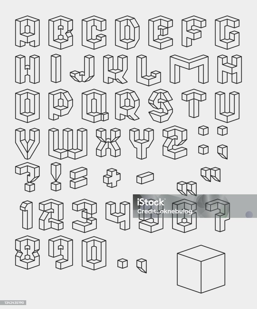 Font 3d Isometrik Vektor Koleksi Hitamputih Huruf Angka Dan Tanda Baca