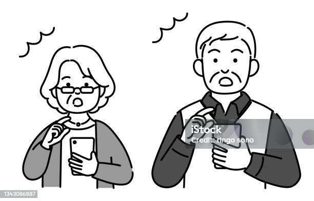 Upper Body Monochrome Illustration Of A Senior Couple Who Is Surprised