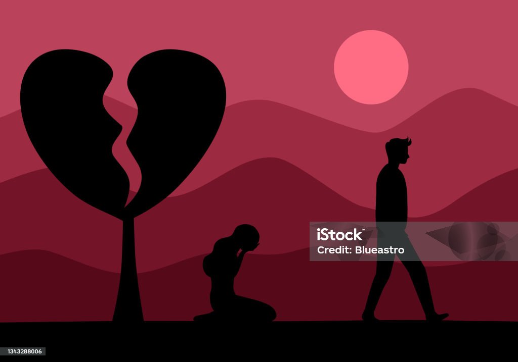 Broken Heart Concept Vector Illustration Crying Woman And Walking Away