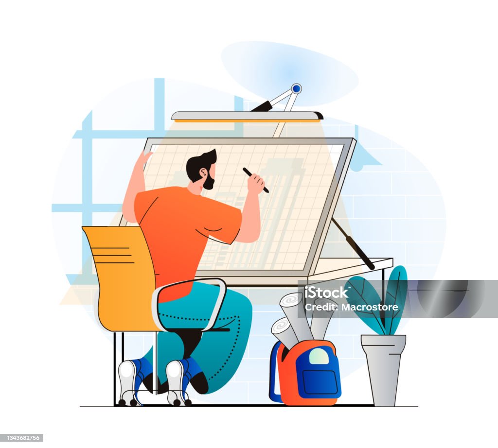 Konsep Insinyur Konstruksi Dalam Desain Datar Modern Arsitek Menggambar ... Konsep Insinyur Konstruksi Dalam Desain Datar Modern Arsitek Menggambar ...