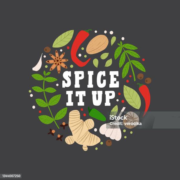 Poster Huruf Spice It Up Untuk Dapur Tangan Datar Ditarik Rempahrempah Dengan Tekstur Dalam