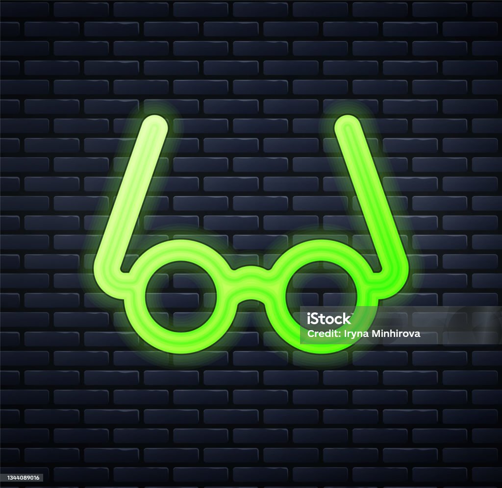 Glowing Neon Glasses Icon Isolated On Brick Wall Background Eyeglass Frame Symbol Vector Stock