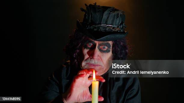 Sinister Old Mature Man In Carnival Costume Of Halloween Witcher Making