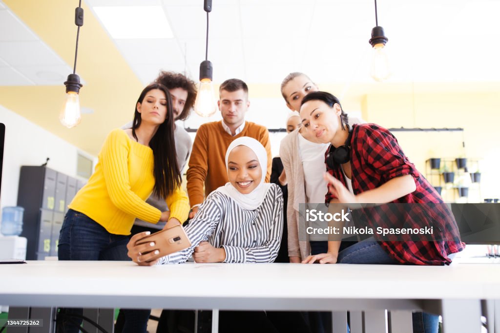 Team Of Successful Multiethnic Coworkers Taking Selfie At Modern Office