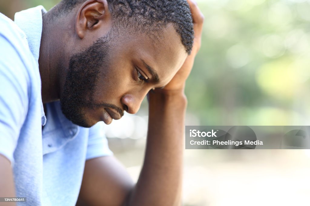 Worried Black Man Complaining Alone In A Park Stock Photo - Download ... Worried Black Man Complaining Alone In A Park Stock Photo - Download ...
