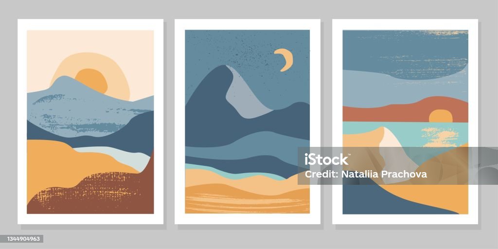 Set Poster Lanskap Berwarnawarni Abstrak Dengan Matahari Bulan Laut