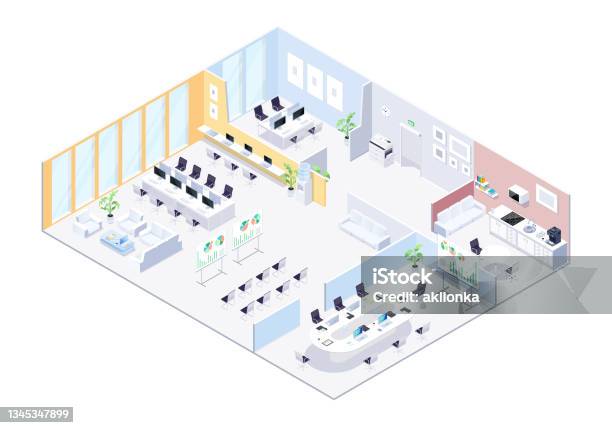 Konsep Isometrik Coworking Center Interior 3d Dari Coworking Hall Ruang