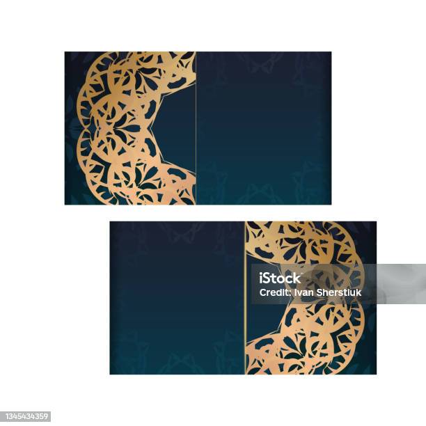Template Brosur Dengan Warna Biru Gradien Dengan Pola Emas Abstrak