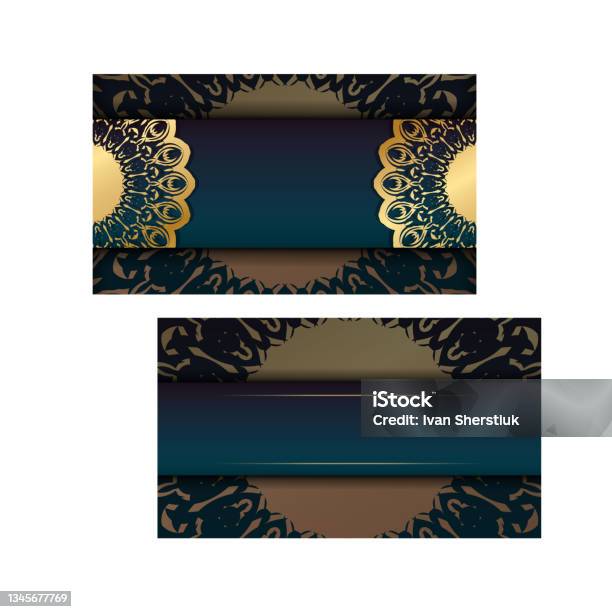 Template Flyer Dengan Warna Biru Gradien Dengan Ornamen Emas Abstrak
