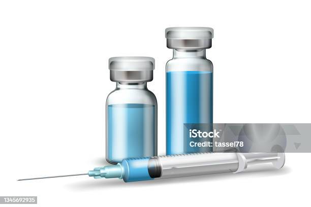 Jarum Suntik Medis Dengan Cairan Biru Dan Ampul Obat Dan Botol