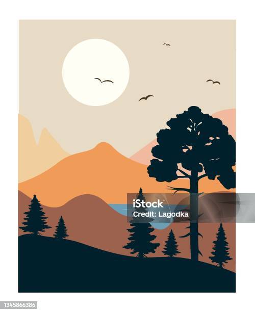 Seni Modern Dicetak Dengan Pohon Gunung Dan Danau Ilustrasi Vektor ... Seni Modern Dicetak Dengan Pohon Gunung Dan Danau Ilustrasi Vektor ...