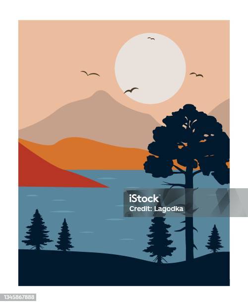 Seni Modern Dicetak Dengan Pohon Gunung Dan Danau Ilustrasi Vektor ... Seni Modern Dicetak Dengan Pohon Gunung Dan Danau Ilustrasi Vektor ...