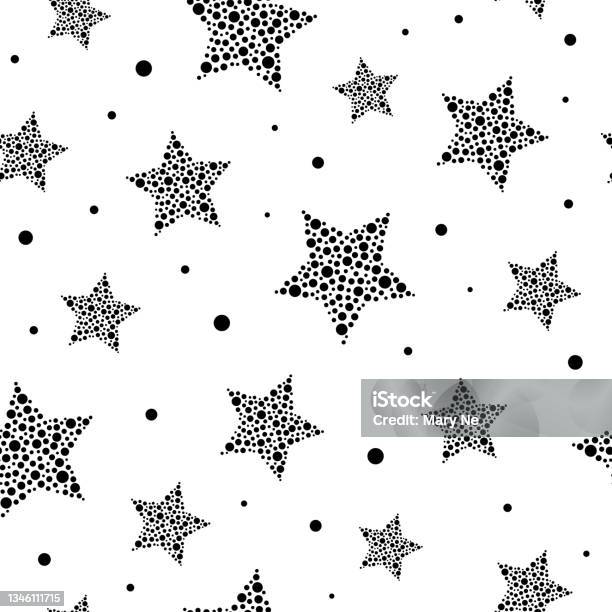 Seamless Cute Pattern With Stars Made Of Dots And Circles On White
