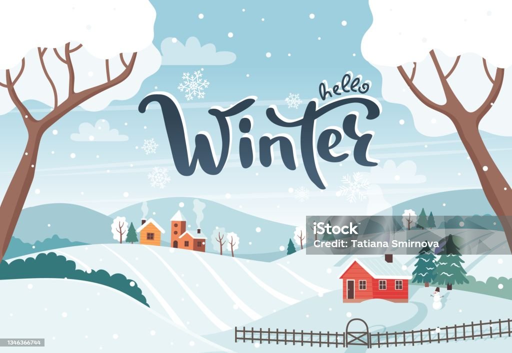 Ilustración De Paisaje Invernal Con Árboles Campos Casas Y Letras