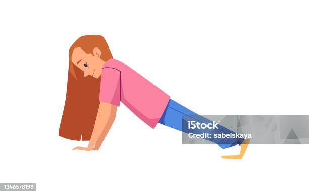Écolière Faisant Des Exercices De Planches Ou Des Pompes Illustration Vectorielle Plate Isolée