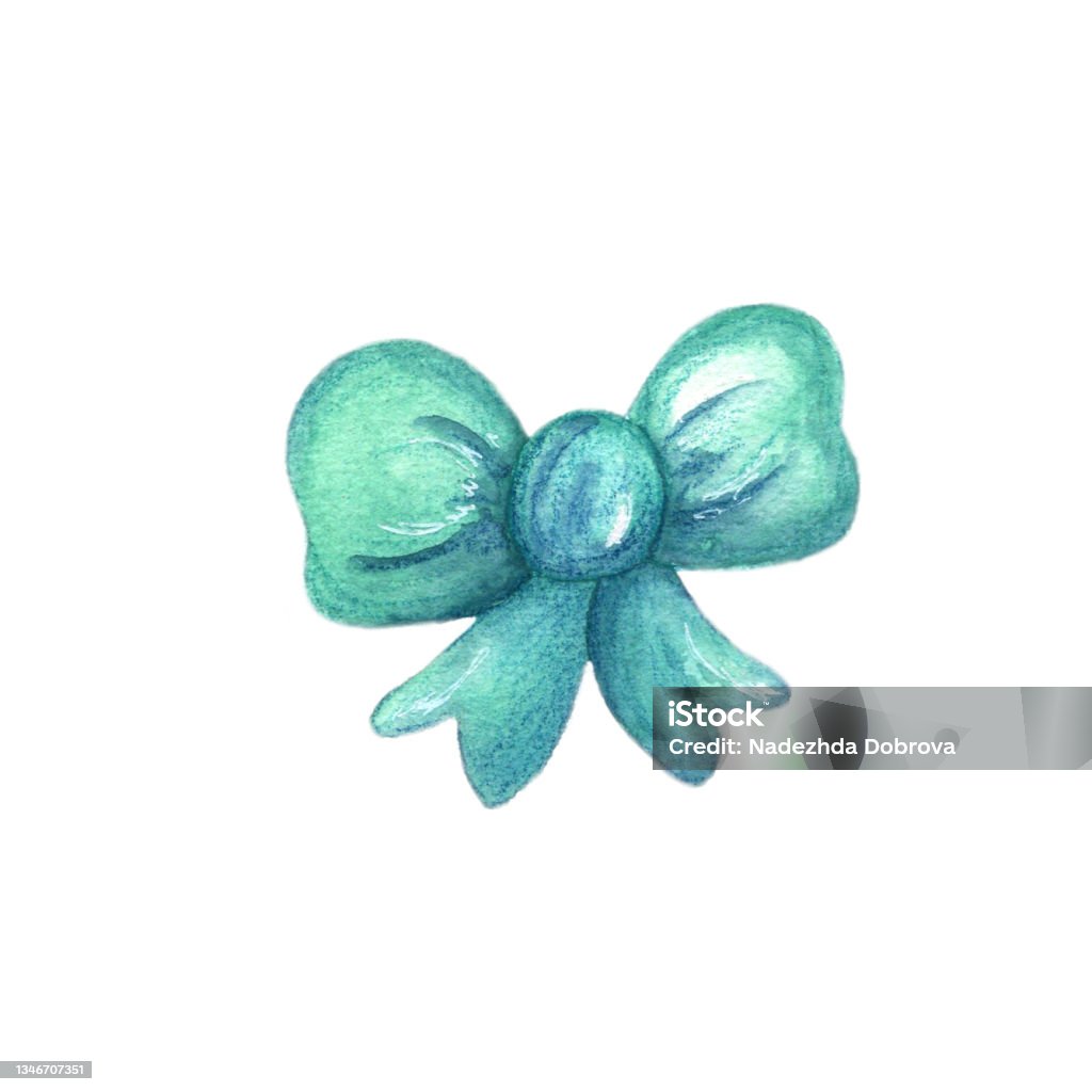 Watercolor Hand Drawn Green Bow For Holiday Design Of Any Kind Of Poligraphy Cards Flyers