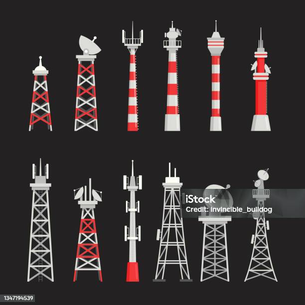 Set Of Telecommunication Towers Radio Masts Communication Satellite