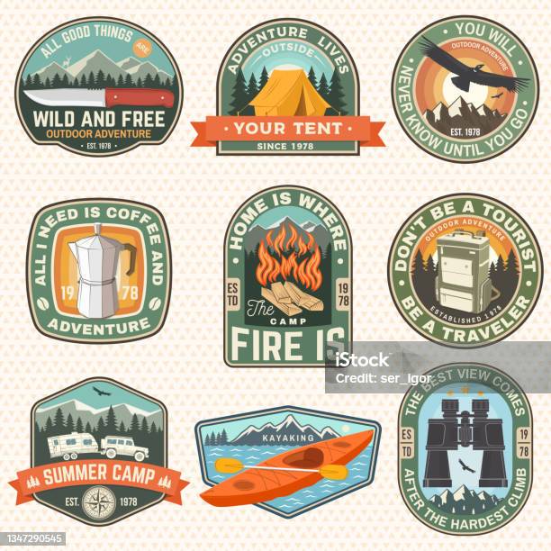 Set Of Summer Camp Patches Vector Illustration Concept For Shirt Or