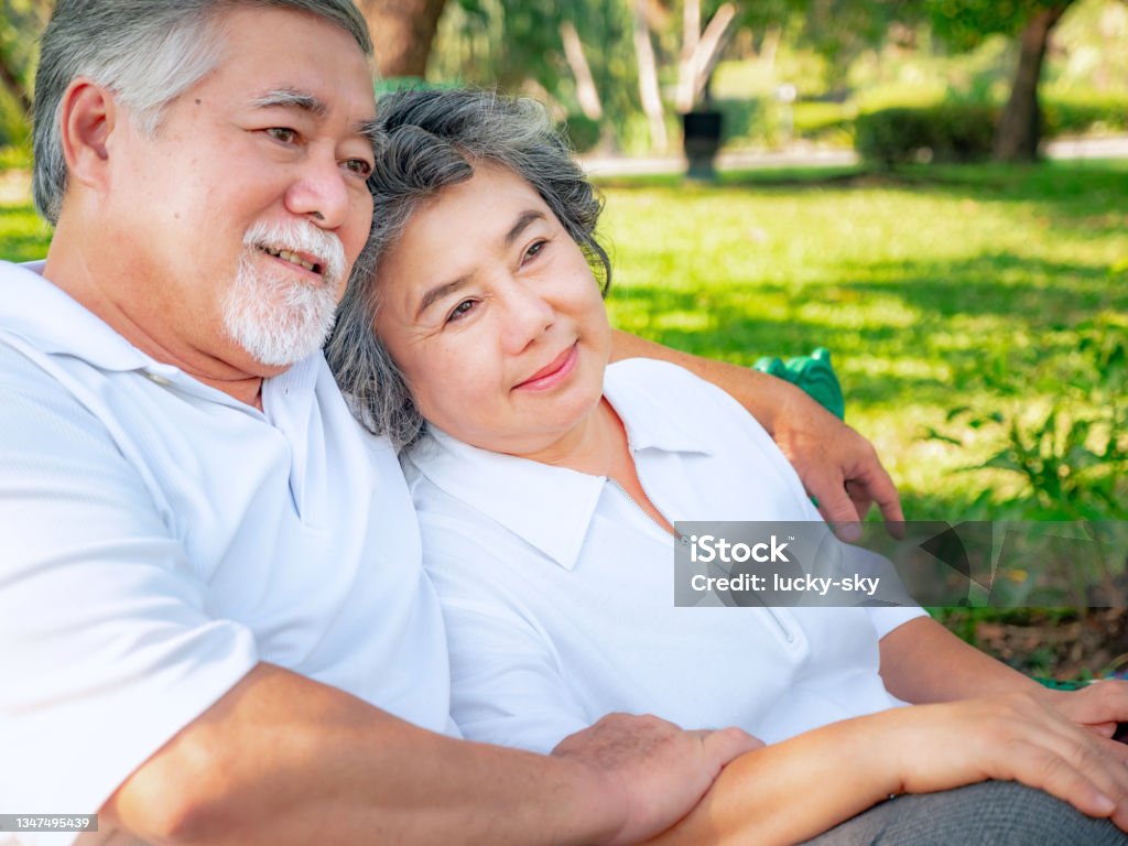 Happy Asian Elderly Couple Relax In Park Relationship Retirement People