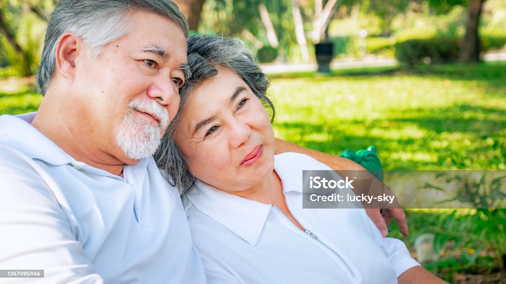 Happy Asian Elderly Couple Relax In Park Relationship Retirement People