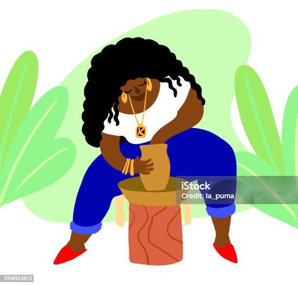 A Beautiful Darkskinned Girl Sculpts A Clay Pot Stock Illustration