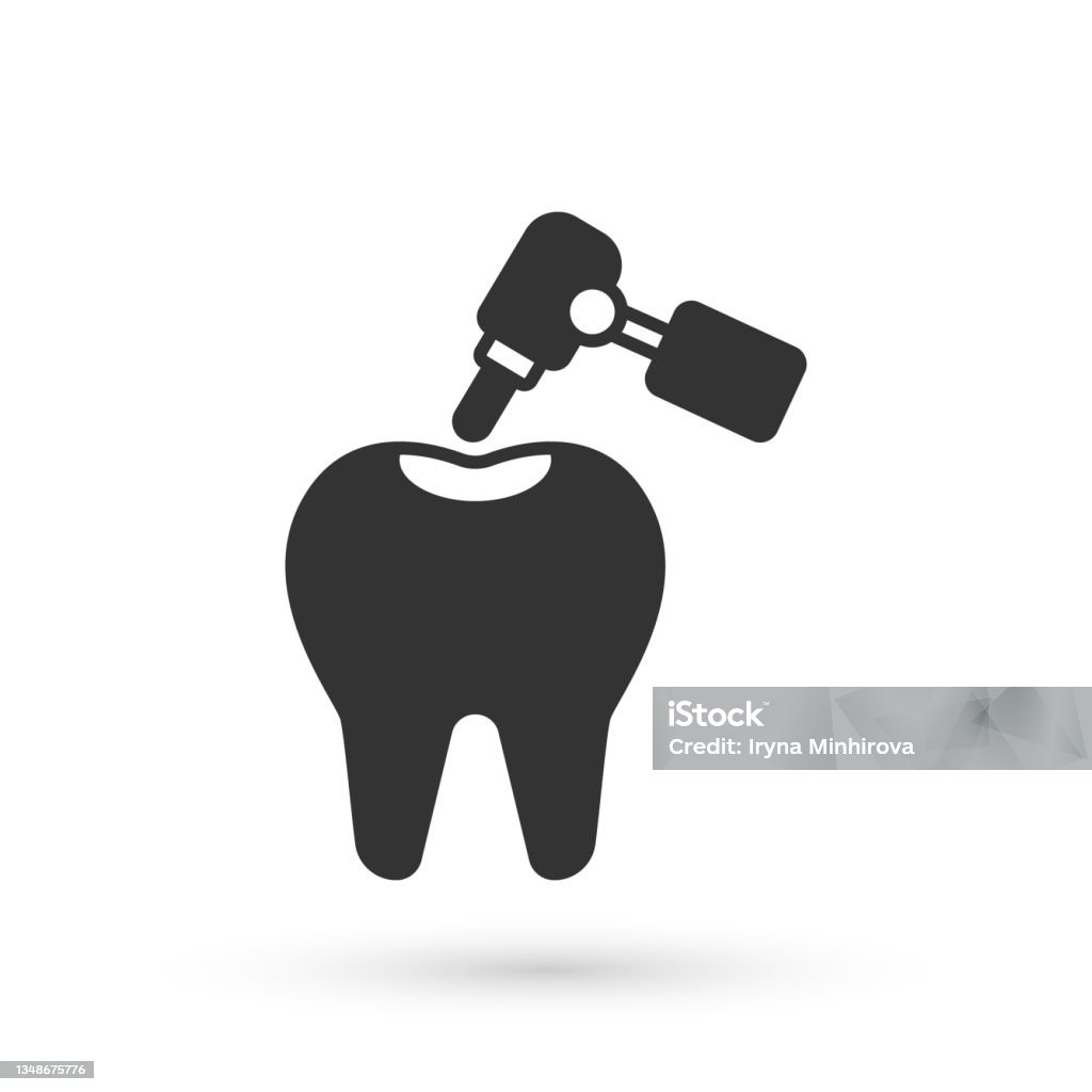 Dent Grise Avec Carie Et Icône De Perceuse À Dents Isolée Sur Fond