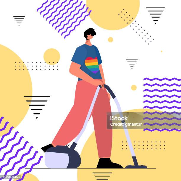 Man Wearing Rainbow Lgbt Tshirt Guy Vacuuming Floor Transgender Love
