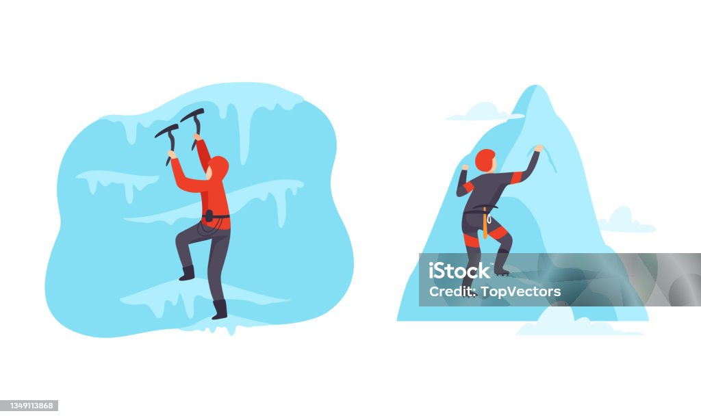 Karakter Pria Terlibat Dalam Olahraga Ekstrim Mendaki Gunung Vector Set