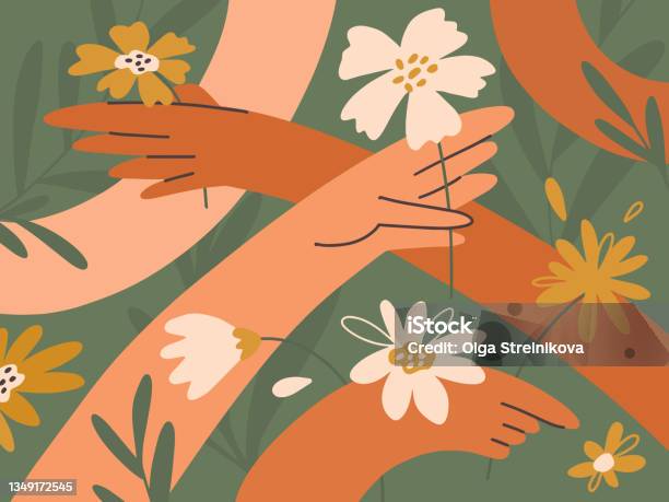 花を持ち与える多様性の人間の手のベクトルイラスト 誕生日カードのベクターアート素材や画像を多数ご用意 誕生日カード 人間の手