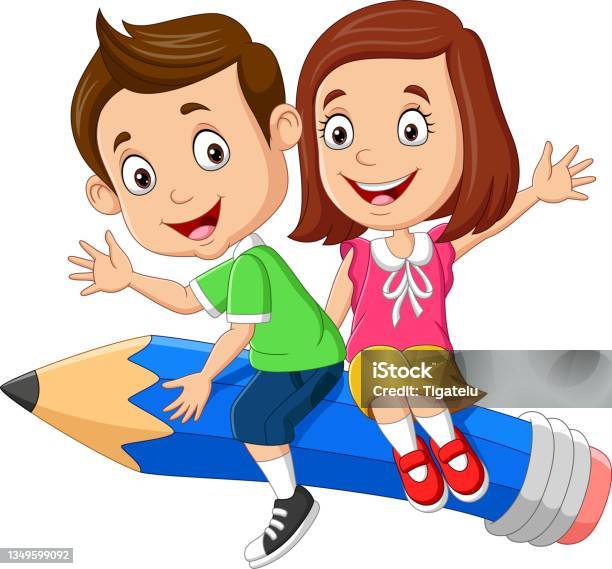 Kartun Anak Lakilaki Dan Perempuan Terbang Di Atas Pensil Ilustrasi ... Kartun Anak Lakilaki Dan Perempuan Terbang Di Atas Pensil Ilustrasi ...