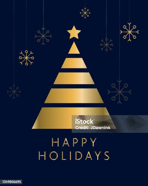 Golden Happy Holidays Kartu Ucapan Natal Pohon Datar Template Desain