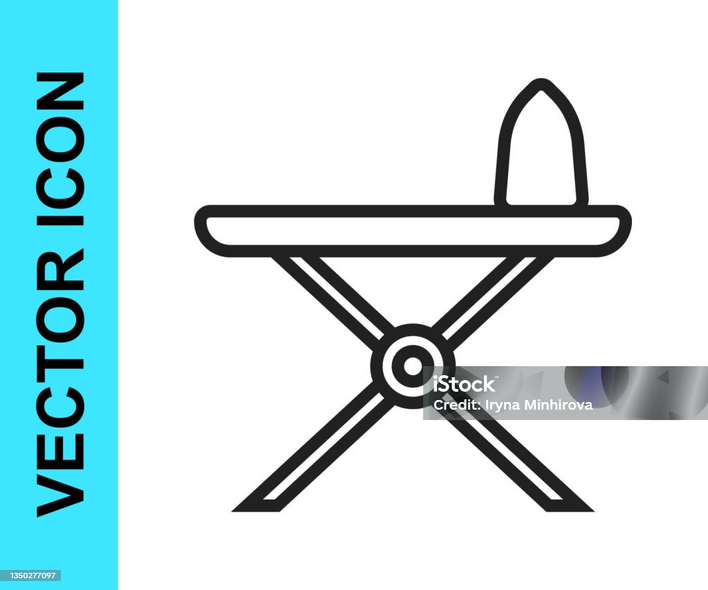 Black Line Electric Iron And Ironing Board Icon Isolated On White