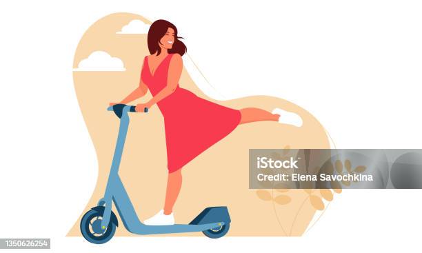 A Cute Darkhaired Girl In A Red Dress Rides A Scooter Lifts Her Leg And