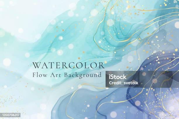 Fond Daquarelle Liquide Bleu Cyan Violet Avec Des Taches Dorées Effet