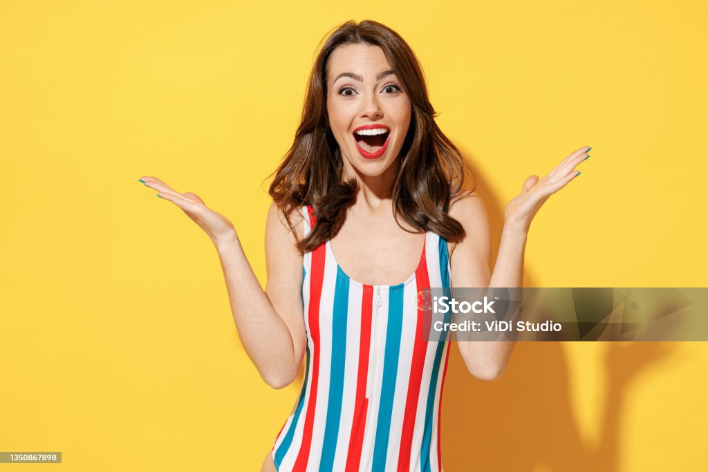 Happy Amazed Surprised Young Woman Slim Body Wear Striped Red Blue
