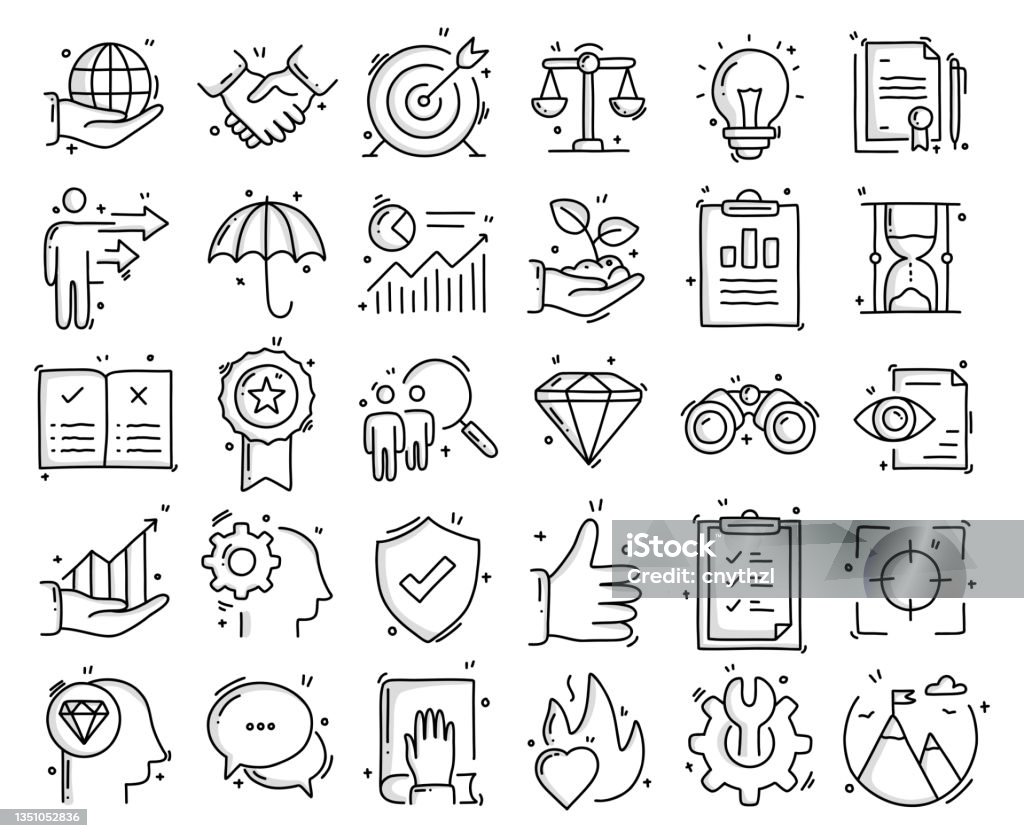 Core Values Related Objects And Elements Hand Drawn Vector Doodle