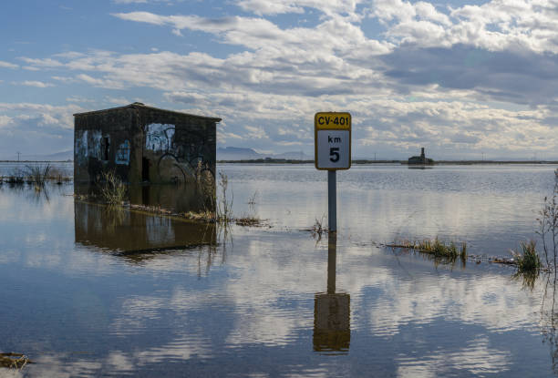Free picture: Flood water with sign underwater on lakeside