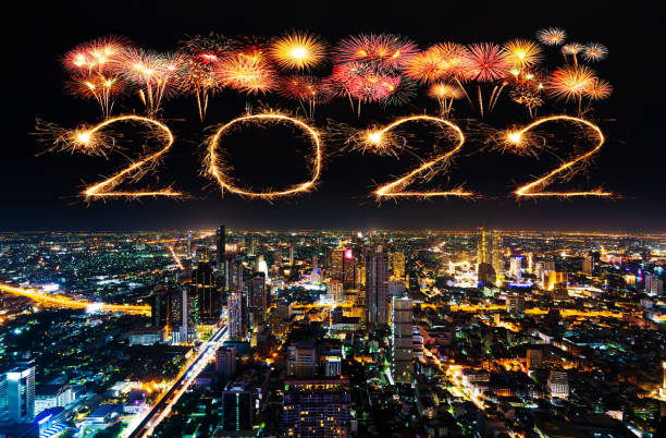 220 Fireworks Countdown Happy New Year Bangkok Asia Thailand Stock