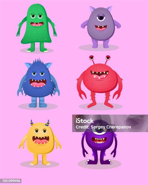Ensemble Dicônes De Silhouette Ronde Colorée De Monstre Mignon Yeux