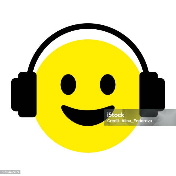 Visage Souriant Avec Écouteurs Vecteur Dicône Emoji Signe Démoticône