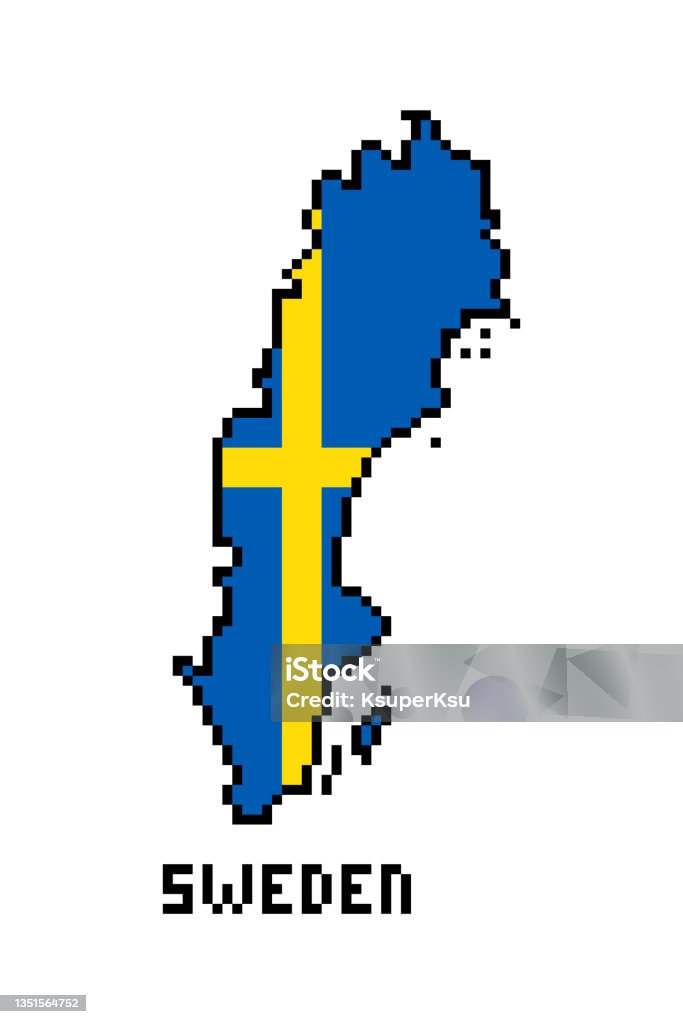 2d 8 Bit Pixel Art Kingdom Of Sweden Map Covered With Flag Isolated On